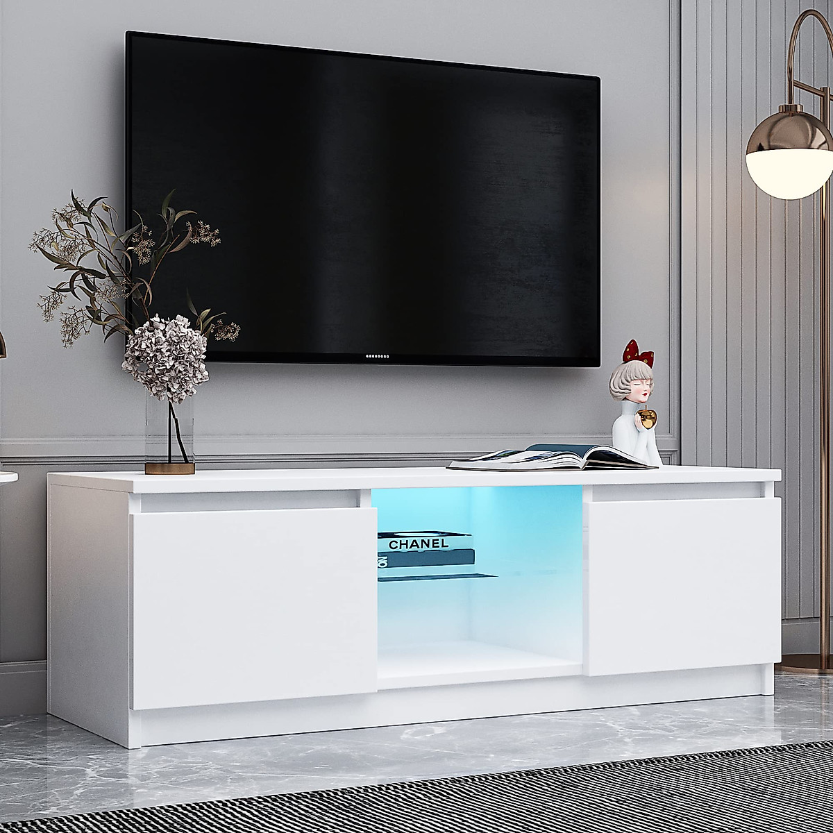 Boloni White TV Stand with LED Light for 55 Inch TV, Modern Entertainment Center Stand with 2 Drawer Storage, Media Console Cabinet with Color-Changing Lighting for Living Room