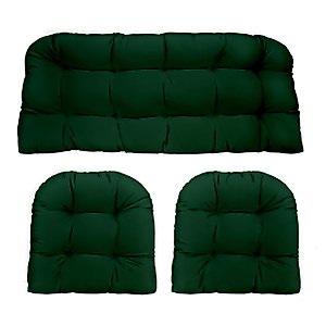 RSH DECOR: 3-Piece Wicker Tufted Cushion Set | 41” x 19" & 19" x 19" | All-Weather Spun Fabric | Water Resistant | Outdoor Loveseat & U-Shape Cushions for Patio Furniture | Hunter Green