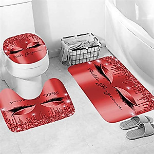 Vivianbuy 4PCS Bling Eyelashes Shower Curtains with Rugs Bath Mat Toilet Lid Cover and 12 Hooks Waterproof Bling Eyes Bathroom Shower Curtain Set(Red)