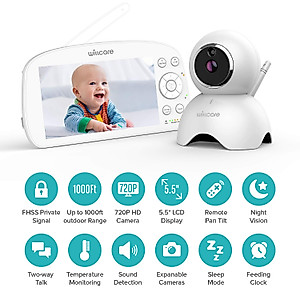 Baby Monitor, 5.5" 720P HD Display Video Baby Monitor with Camera and Audio, 5000mAh Battery, Remote Pan&Tilt&Zoom, Two-Way Talk,Temperature Monitor, Night Vision, Lullaby Player, 960ft Range