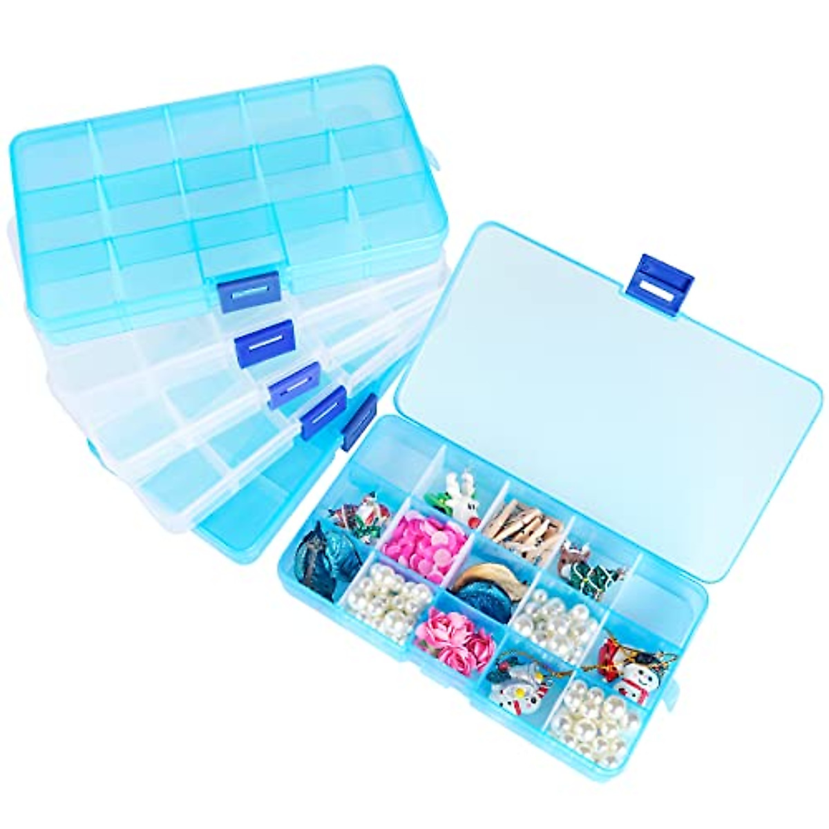 6 Pack Plastic Bead Organizer Storage Box with Compartments Containers with Adjustable Dividers Clear Storage Box for Earring Jewelry Beads Fishing Sewing Craft Supplies, 15 Grids