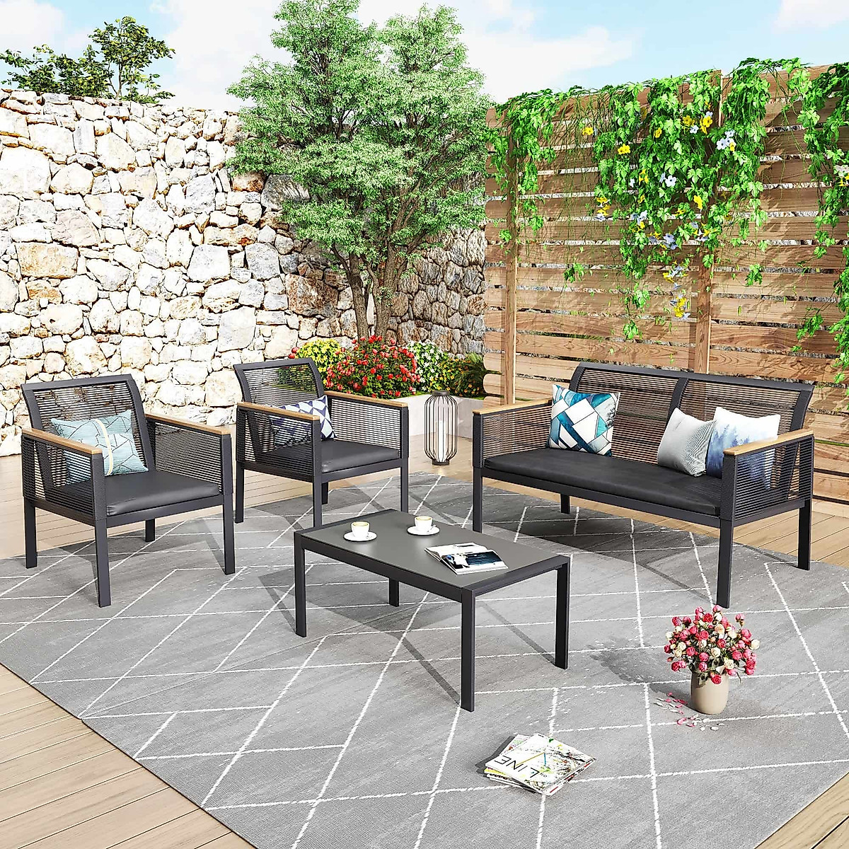 Suntone Patio Furniture Sofa Set - Wicker Patio Conversation Set (4 Piece)