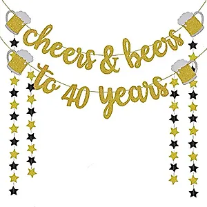 40th Birthday Decorations for Men/Women - 40th Birthday Gifts - Cheers & Beers to 40 Years Gold Glitter Banner - 40th Anniversary Decorations for Party, 40th Wedding Party Supplies for Couple