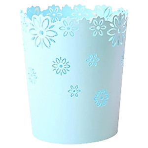 Eioflia Bins for Bedrooms, Waste Paper Bin, 7.5 Inch Plastic Hollow Waste Paper Basket, Flower Lace Round Waste Bin for Bedroom, Bathroom, Kitchen, and Office M Blue