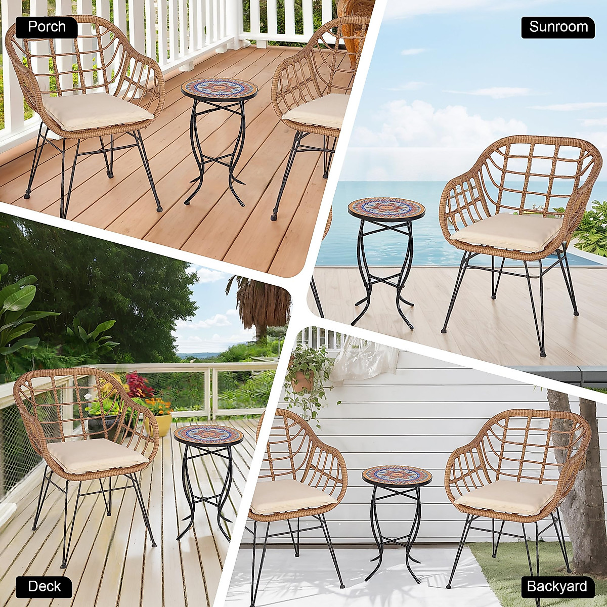 MOOOTTO 3 Pieces Outdoor Conversation Set, Patio Bistro Sets with 2 PE Wicker Chairs and Coffee Table,Patio Furniture Set for Porch, Sunroom, Deck, Backyard