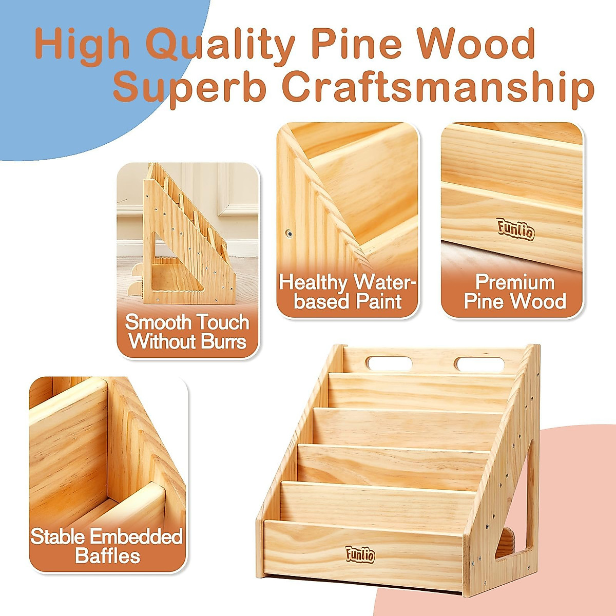 FUNLIO Montessori Bookshelf for Toddlers 1-5 Years, Front-Facing Kids Bookshelf with Handle & Anti-Tilting Device, Premium Pine Baby Bookshelf, Children's Bookcase for Nursery/Classroom, CPC Certified