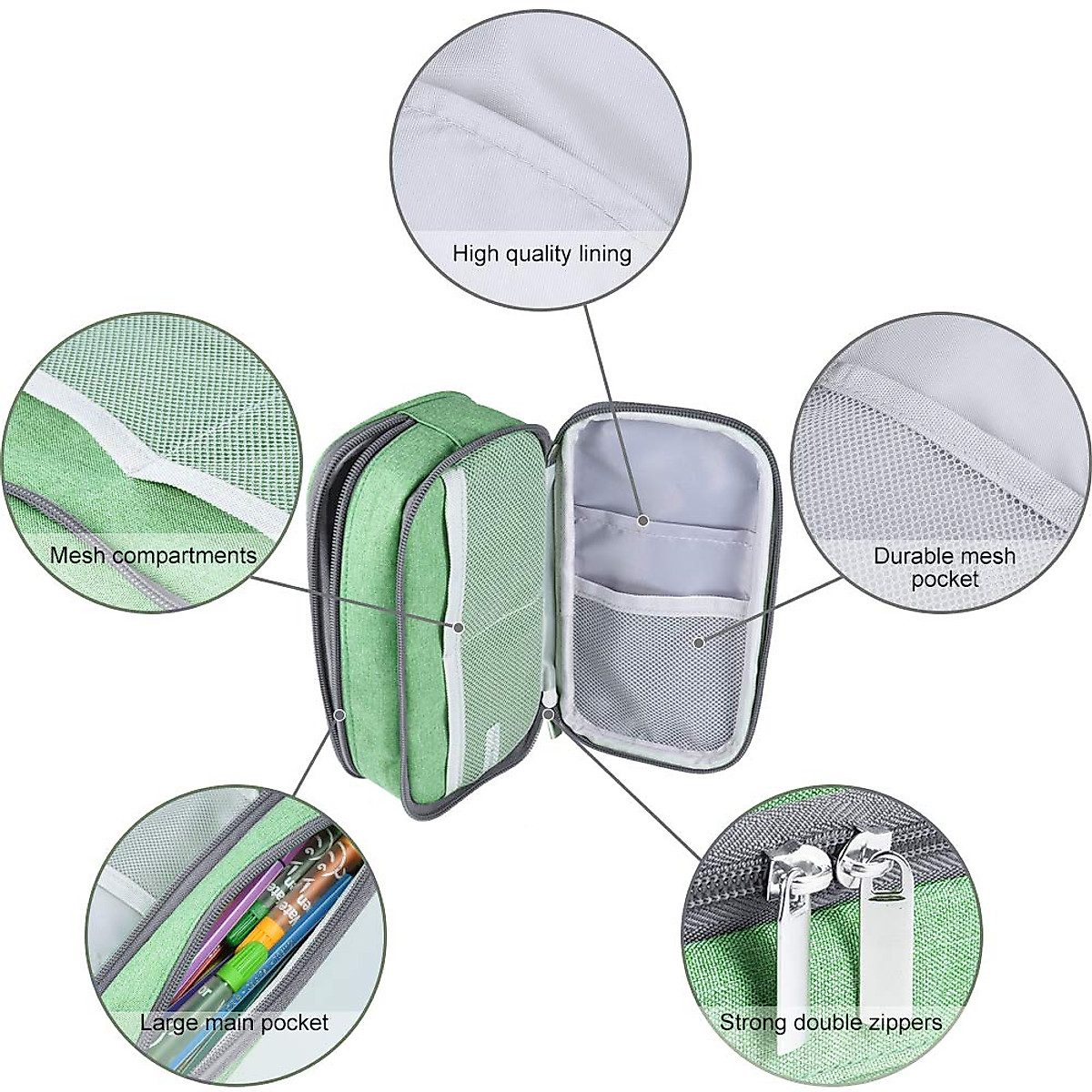 YONZONE Big Pencil Case Large Capacity Pencil Bag Pouch Pencil Pen Case Holder Marker with 3 Compartments for Office Desk Supplies Organizer Storage Makeup Bag, Green