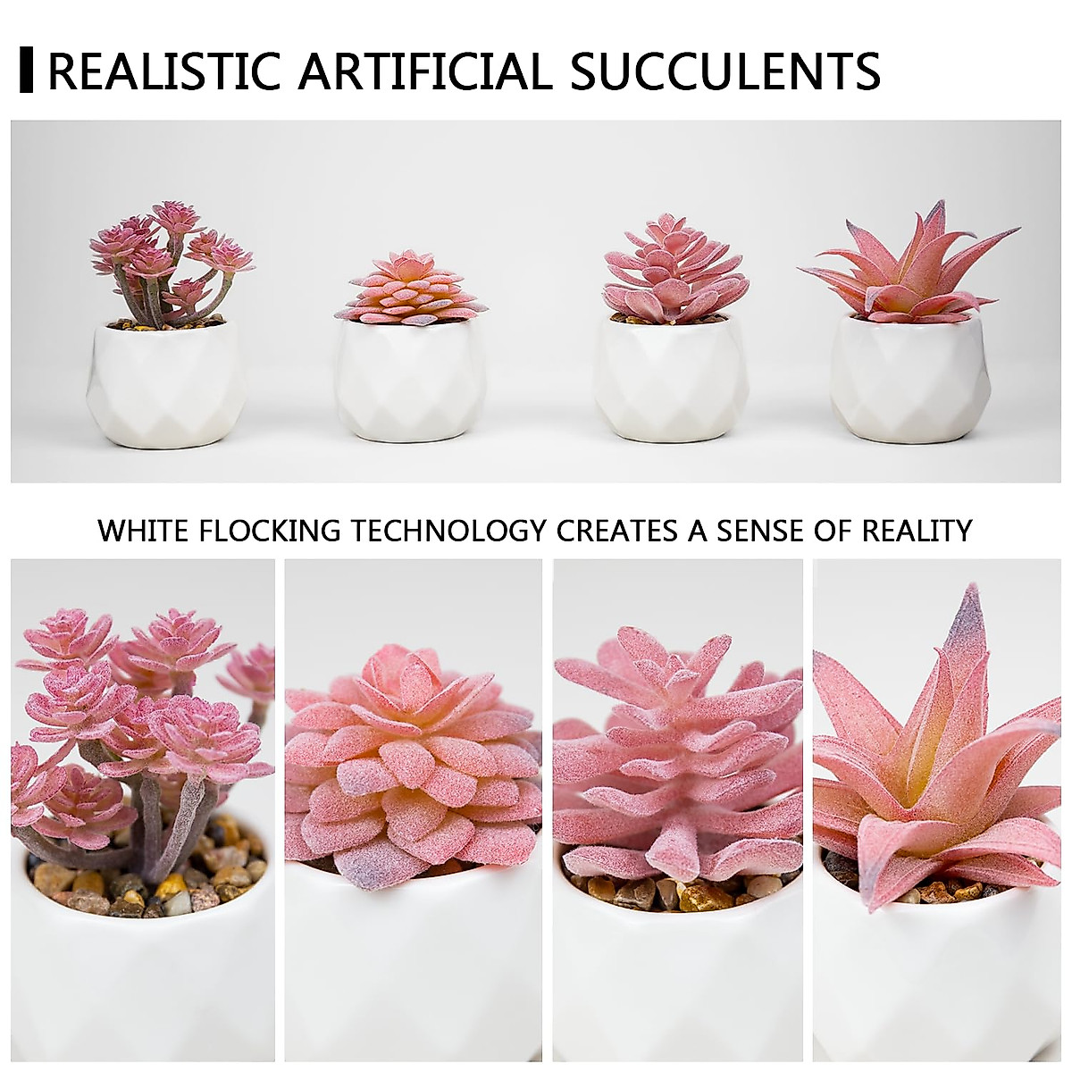 VIVERIE Mini Succulents Plants Artificial in Pots-Rose Pink, Small Fake Succulents Plants for Home Decor Indoor for Women, White Ceramic, Set of 4