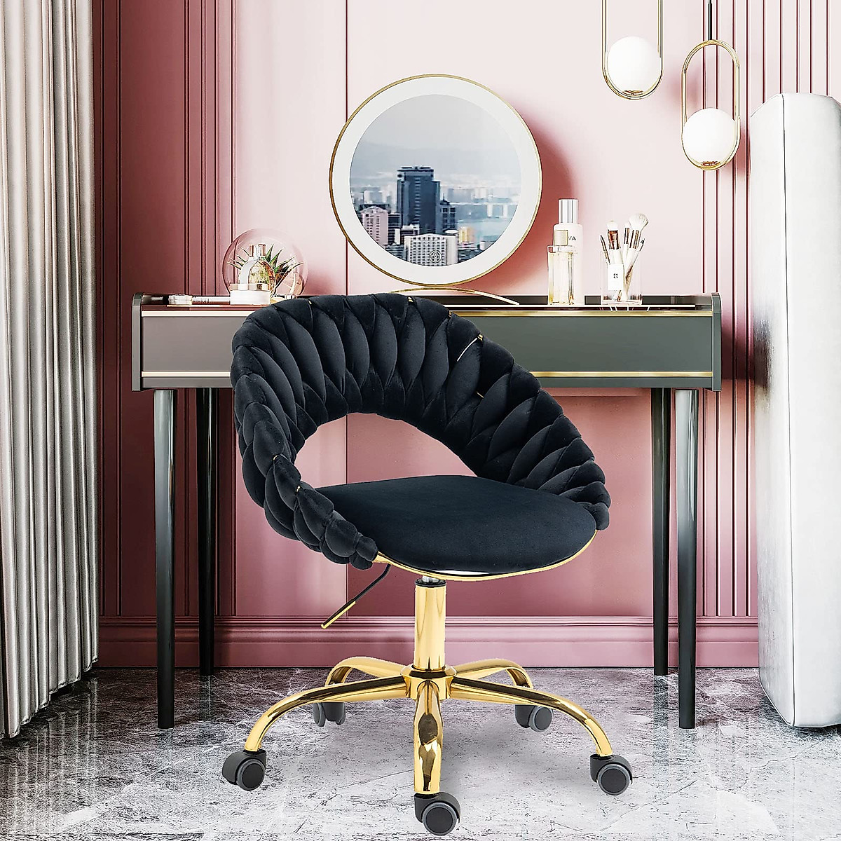 Goujxcy Modern Velvet Desk Chair, 360°Swivel Home Office Computer Task Chair with Woven Mid Back & Gold Legs, Cute Vanity Chair for Women Girls, Armchair for Living Room Bedroom,Black