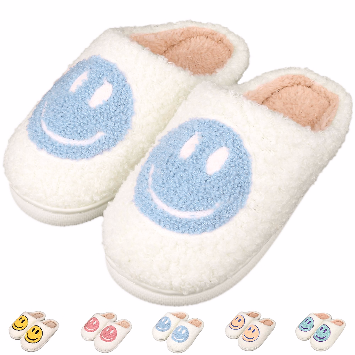 ZICKYO Kids Slippers Boys Girls Cute Happy Face House Slippers Warm Soft Plush Non-Slip Indoor Outdoor Slip-on Shoes White Blue 2-2.5 Little Kid