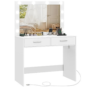 FIONESO Vanity Desk with Large Mirror, Makeup Vanity Table with Power Strip, 10 Lights & 2 Drawers, Dressing Table Set with 3 Lighting Color Adjustable for Women and Girls, Bedroom, White