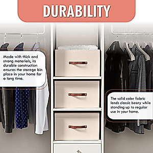 Ornavo Home 3 Pack Collapsible Storage Bins with Lid, Foldable Linen Fabric Shelf Storage Basket Closet Organizer and Large Storage Box for Clothes with Leather Handles, 15 x 10 x 9, Beige