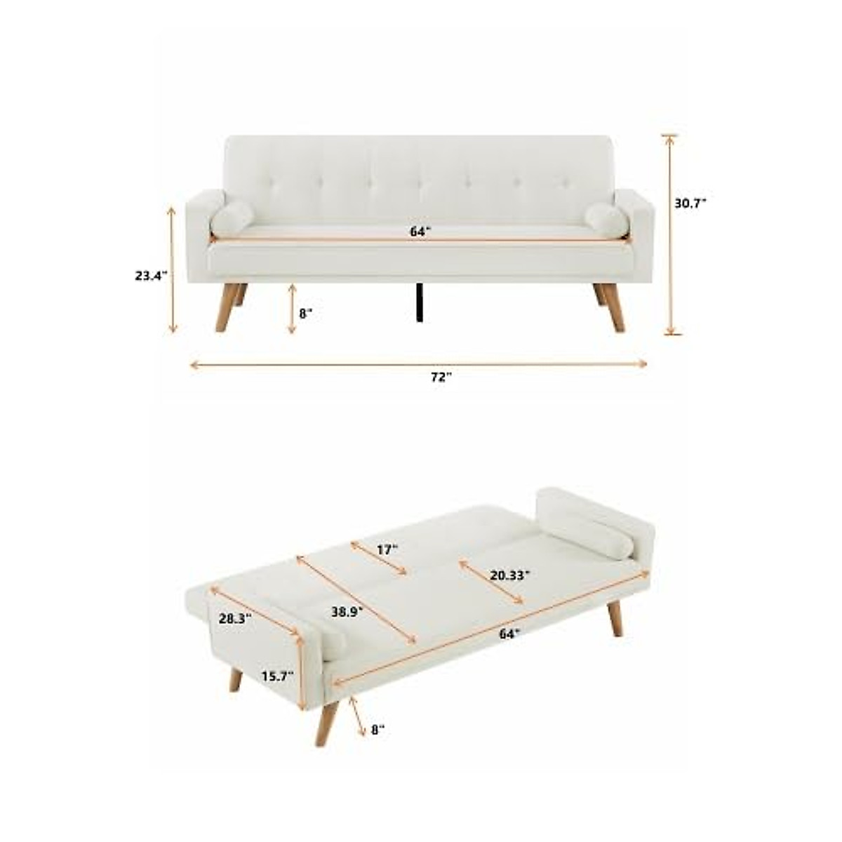 72'' Velvet Linen Fabric Convertible Futon Sofa Bed, Memory Foam Futon Couch Sleeper Sofa, Modern Loveseat Sofa with Adjustable Backrest and 2 Bolster Pillows for Home Living Room Office (Dark Gray)