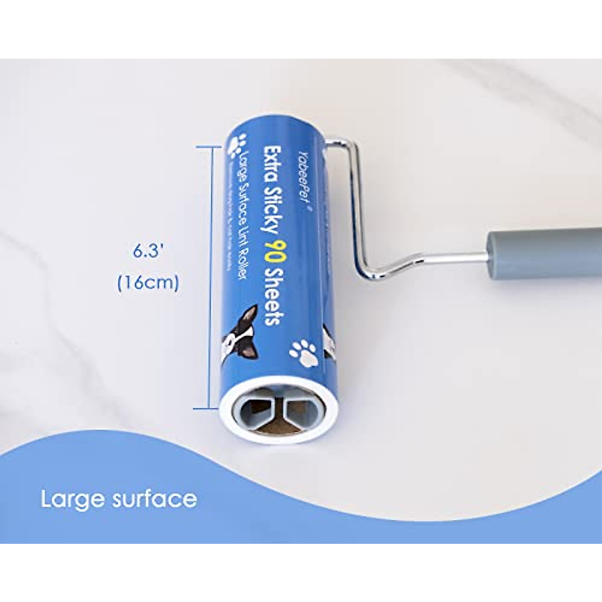 YabeePet Extreme Sticky Large Surface Lint Roller, Long Handle Pet Hair Remover, Designed for Removing Pet Dog Cat Hair 90 Sheets per Roll, 6.3 inch Width (1 Roller+2 Refills)
