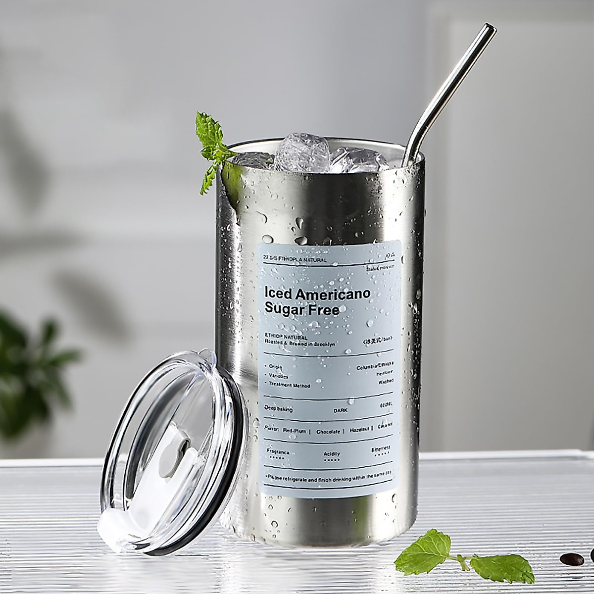 20OZ insulation and cooling ice cream cup, simple office portable car straw water cup, vacuum double-layer coffee cup, 304 stainless steel cold and hot drink travel cup (Silvery)