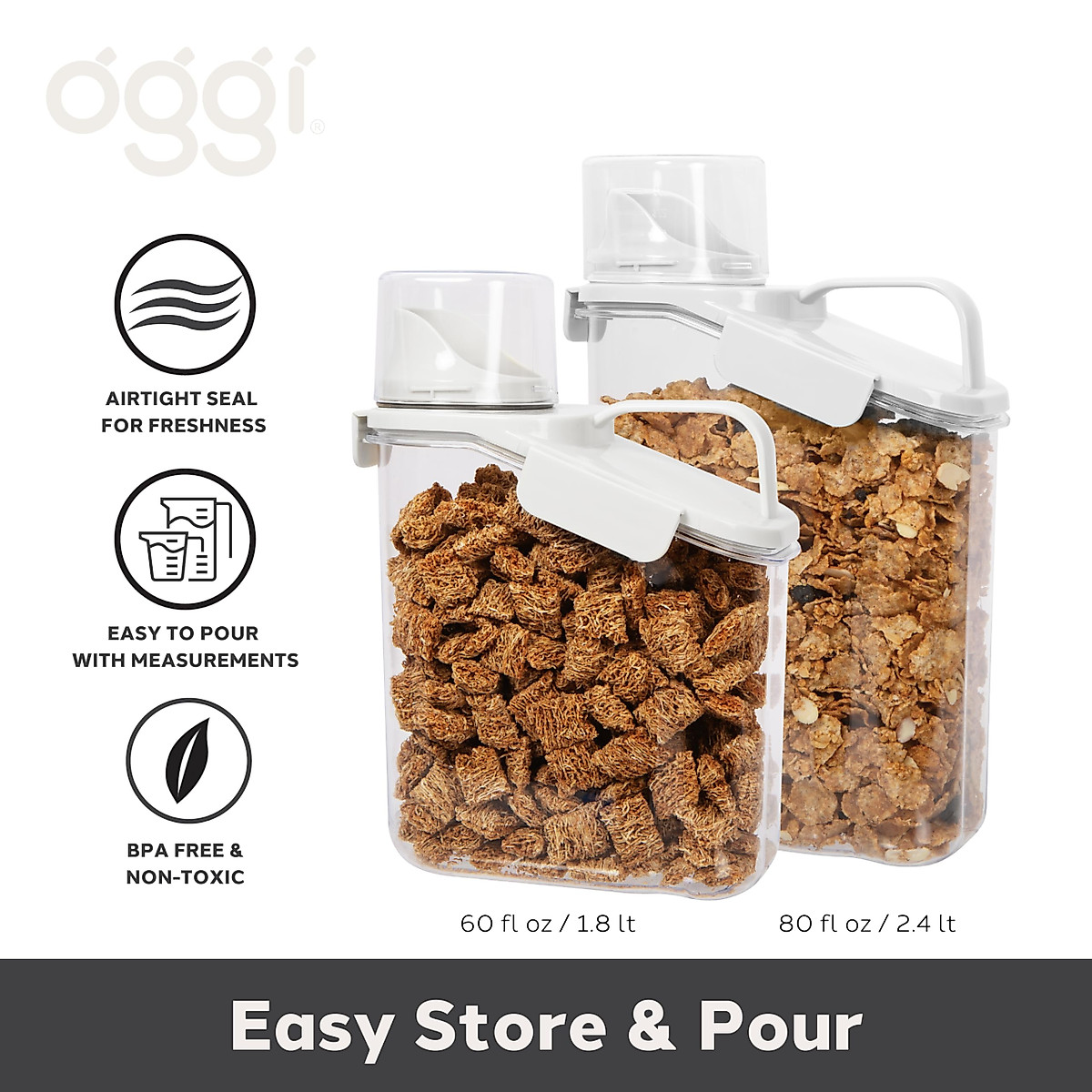 Oggi Easi Pour Airtight Food Storage Containers - Cereal Containers Storage, Rice Dispenser, Cereal Dispenser, Snack Storage Containers, Pasta Containers Storage, Containers with Lids - 80oz / 2.4lt