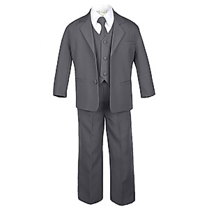 5pc Formal Wedding Boys Dark Gray Vest Necktie Sets Suits Baby to Teen (L:(12-18 Months))