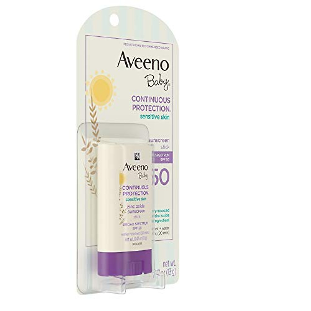 Aveeno Baby Continuous Protection Sensitive Skin Mineral Sunscreen Stick with Broad Spectrum SPF 50 for Face & Body, Naturally Sourced 100% Zinc Oxide, Travel Size, 0.47 Oz