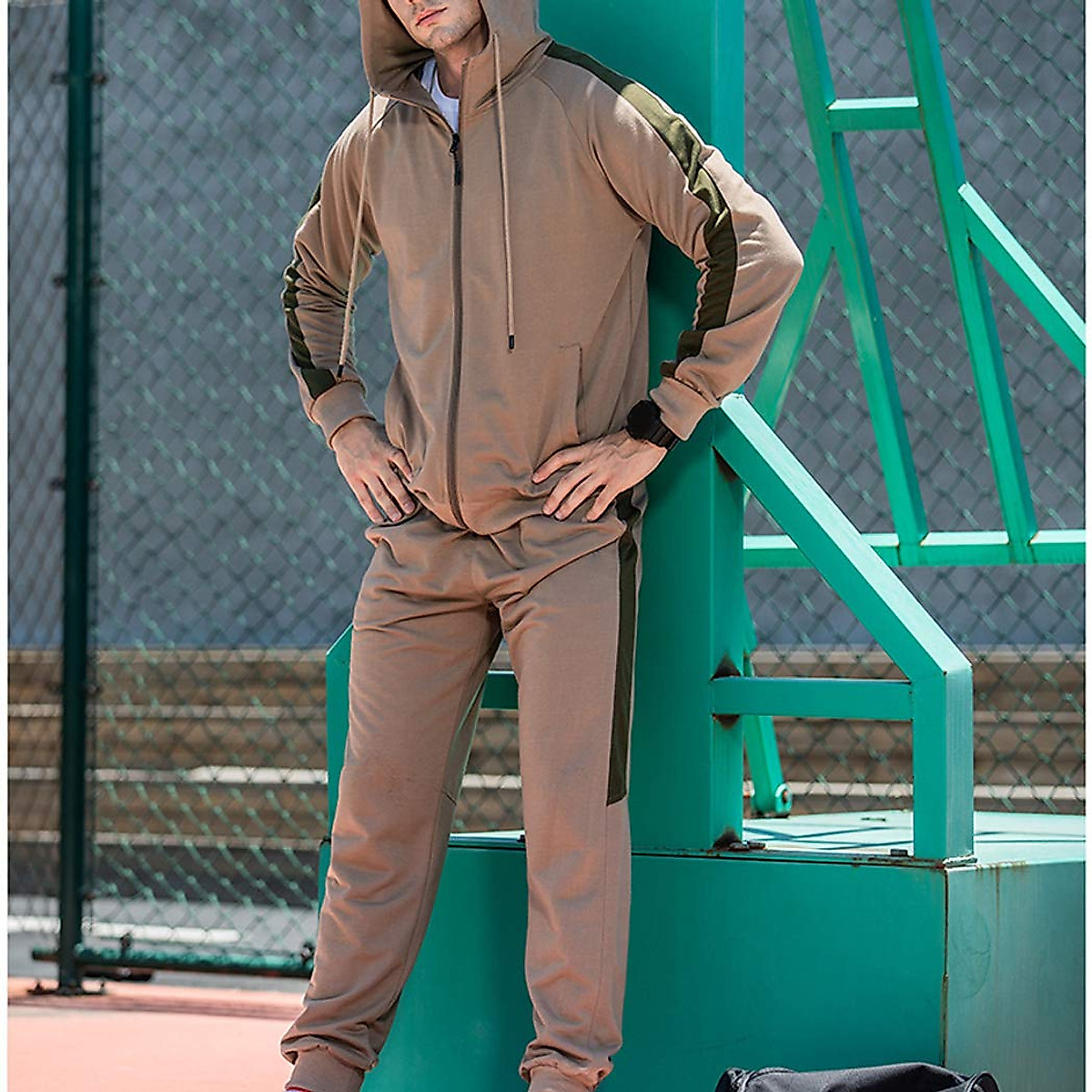 watersouprty Men's Casual Tracksuit Long Sleeve Running Jogging Running Athletic Sports Set (Khaki#, L)