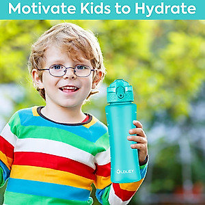 OLDLEY Kids Water Bottle with Straw for School Girls Boys, 15 oz Unbreakable Leak-Proof BPA-Free Motivational Water Bottles with Times to Drink for Travel Sports Gym, 1 Straw Lid, Mint