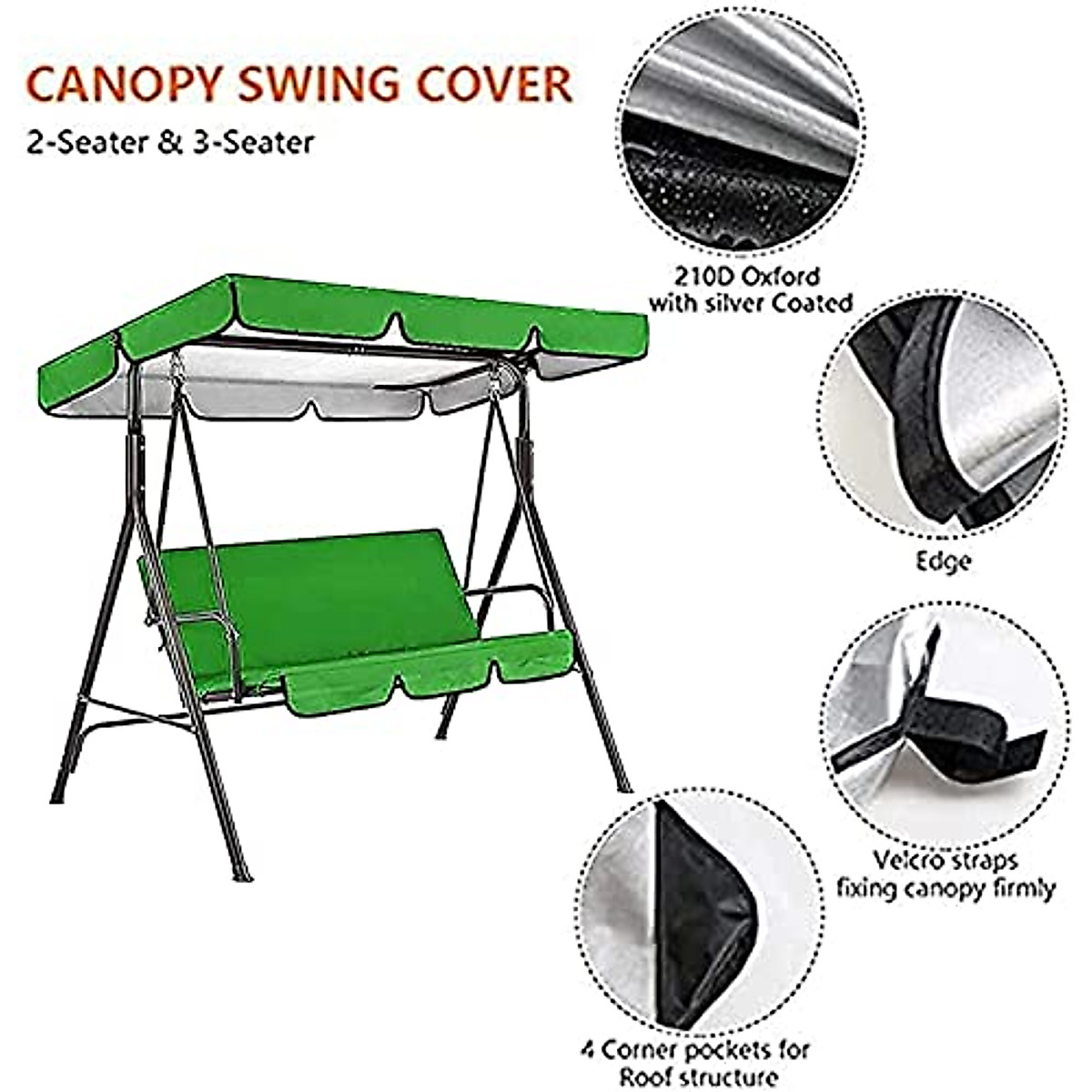 Patio Swing Canopy Waterproof Top Cover Set, Courtland Swing Replacement Awning Canopy Covers for Swing Chair Glider All Weather Protection Outdoor Garden Furniture(Dark Green, Three-seater76.77in)