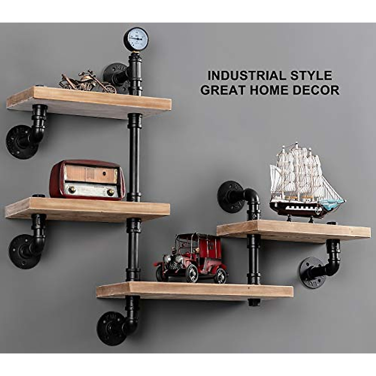 WAKI HOME Industrial Floating Pipe Wall Mounted Shelves Rustic Modern Wood Shelving Bookcase 4 Layer Ladder Steampunk Hanging Bookshelf for Home Bathroom Office Decor (4-Tier Ladder Shelves)