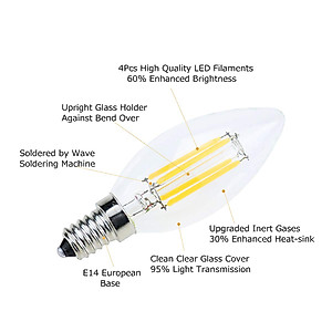 Lamsky E14 LED Filament Candle Shape Light Bulb,E14 European Base Bulb,Daylight 6000K 600LM 60W Equivalent,C35 Clear Glass Torpedo Shape Bullet Top,No-Dimmable (4-Pack)