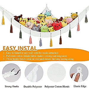 KOHUIJOO Stuffed Animal Hammock, Jumbo Toy Storage Hammock Net KoHuiJoo 70" Wall Sling Corner Extra Large Kids Children Mesh Plush Toy Net Organizer White with Tassels