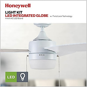 Honeywell Ceiling Fans Barcadero Modern 44 Inch Ceiling Fan with Light, Pull Chain LED Indoor Fan with 3 Blades, White Maple and White Blade Finish Options, Bright White (51475-01)