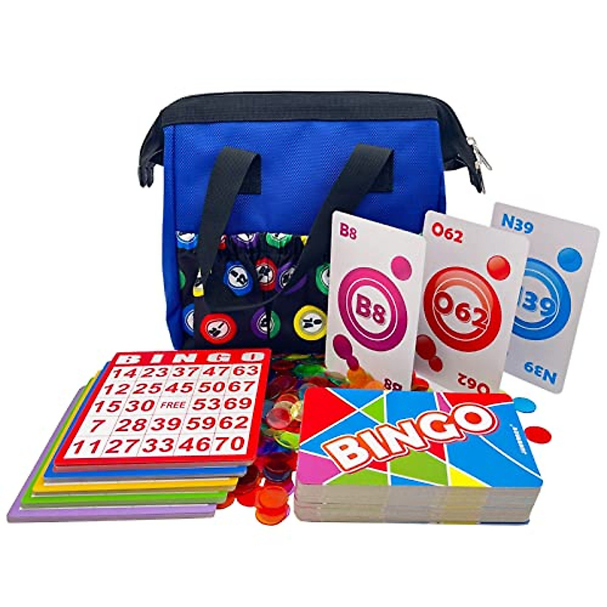 JUNWRROW Deluxe Bingo Game Set - Includes Blue Bingo Bag, Jumbo Calling Card Deck,50 Mixed Bingo Cards, 500 Colorful Chips with a Bag- Ideal for Large Groups, Parties