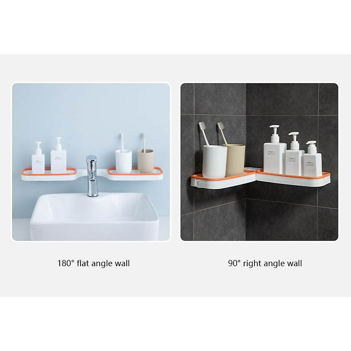 HN 180° Rotatable Bathroom Corner Rack Wall Mounted Shower Shelf Shampoo Storage Rack Holder White Orange, 13x4.3x2.75inch
