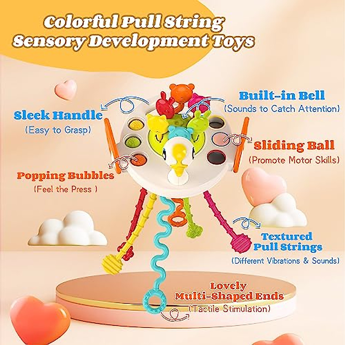 Montessori Baby Sensory Pull String Toys, Silicone Teething Toy for Babies 6-18 Months, 1-3 Years Old, Birthday Gifts for Infants Toddlers Kids Boy Girl, Bath Activities Travel Motor Skill