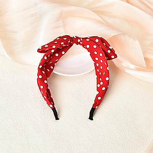 Polka Dot Bunny Ear Knotted Bow Headbands - Vintage Hair Accessories for Women and Girls with Non-Slip Top Knot