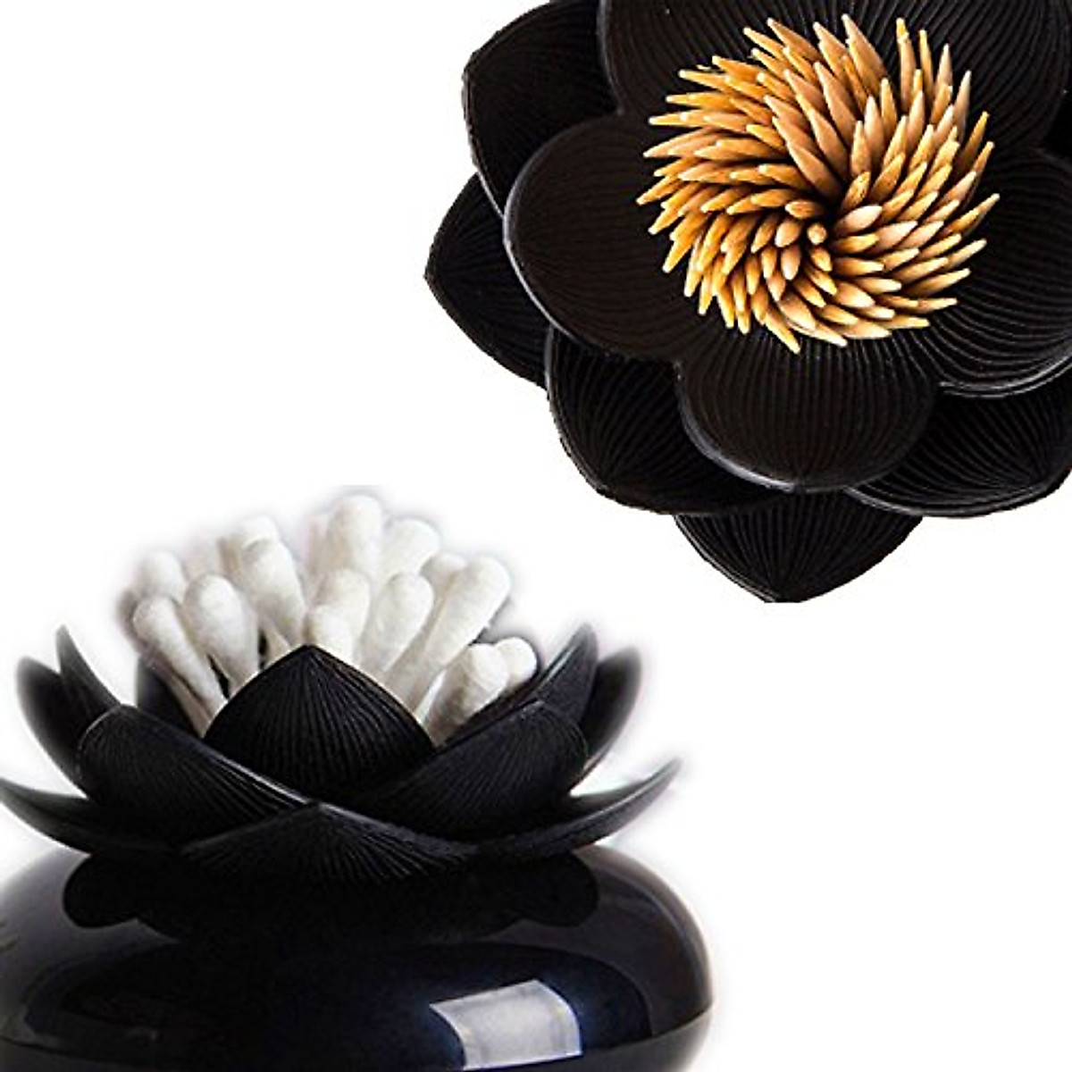 JforSJizT 2pcs Lotus Cotton Swab Holder,Q-Tips Toothpicks Canisters Holder with Clear Lid Dustproof Cover,Cotton Bud Brushes Holder Box Case Storage Organizer Jar(Black + White
