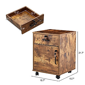 TUKAILAi Mobile File Cabinet with Lockable Drawer & Door, Under Desk Rolling Filing Cabinet with 4 Wheels, Wooden Stationery Storage Cabinet for Home Office (Rustic Brown)