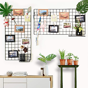 Wall Photo Grid Shelf, Wall Hanging Ins Art Display Grid Panel for Decor & Storage, Metal Wire Notice Boards & Memo Board, Mesh Tool Organiser, Wall Photo Frame 2 Pcs (Black, 15.7 x 31.5 inches)