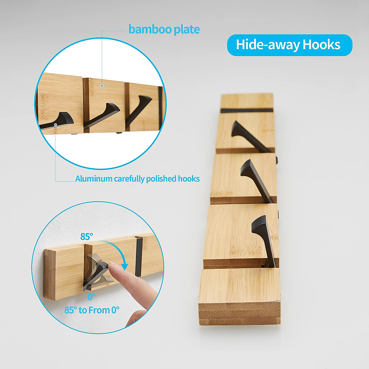 Wooden Coat Hooks, Coat Rack Wall Mounted with 3 Folding Hooks Hat Rack Modern Wall Floating Coat Hook Rack Adhesive & Wall Mounted, Coat Hiden Hooks for Coats, Hats, Scarves, Key Rack Towel Rack