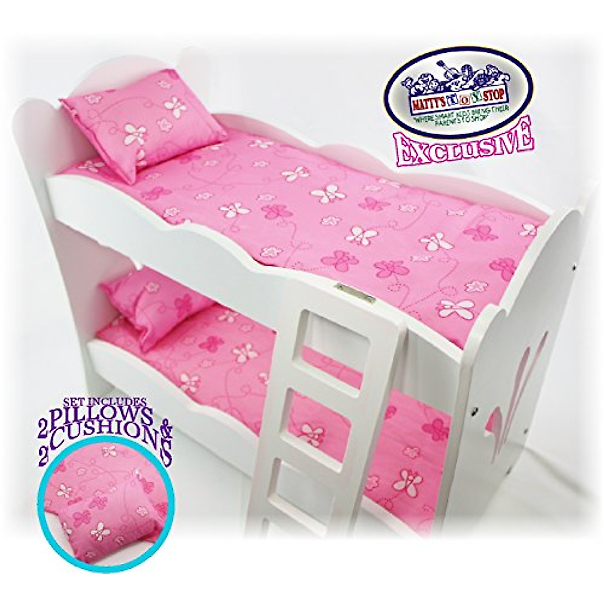 Matty's Toy Stop 18 Inch Doll Furniture White Wooden Bunk Beds with 2 Pink Pillows, 2 Pink Cushions & Ladder - Fits American Girl Dolls