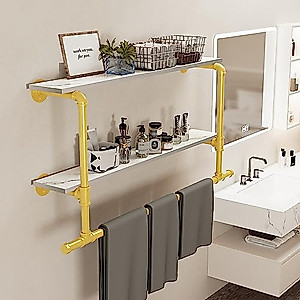 MOUTIK Wall Clothing Rack Gold - 46" Long Industrial Pipe Garment Rack with 2 Tier Shelves, Heavy Duty Iron Clothes Rod Retail Display for Bedroom, Laundry