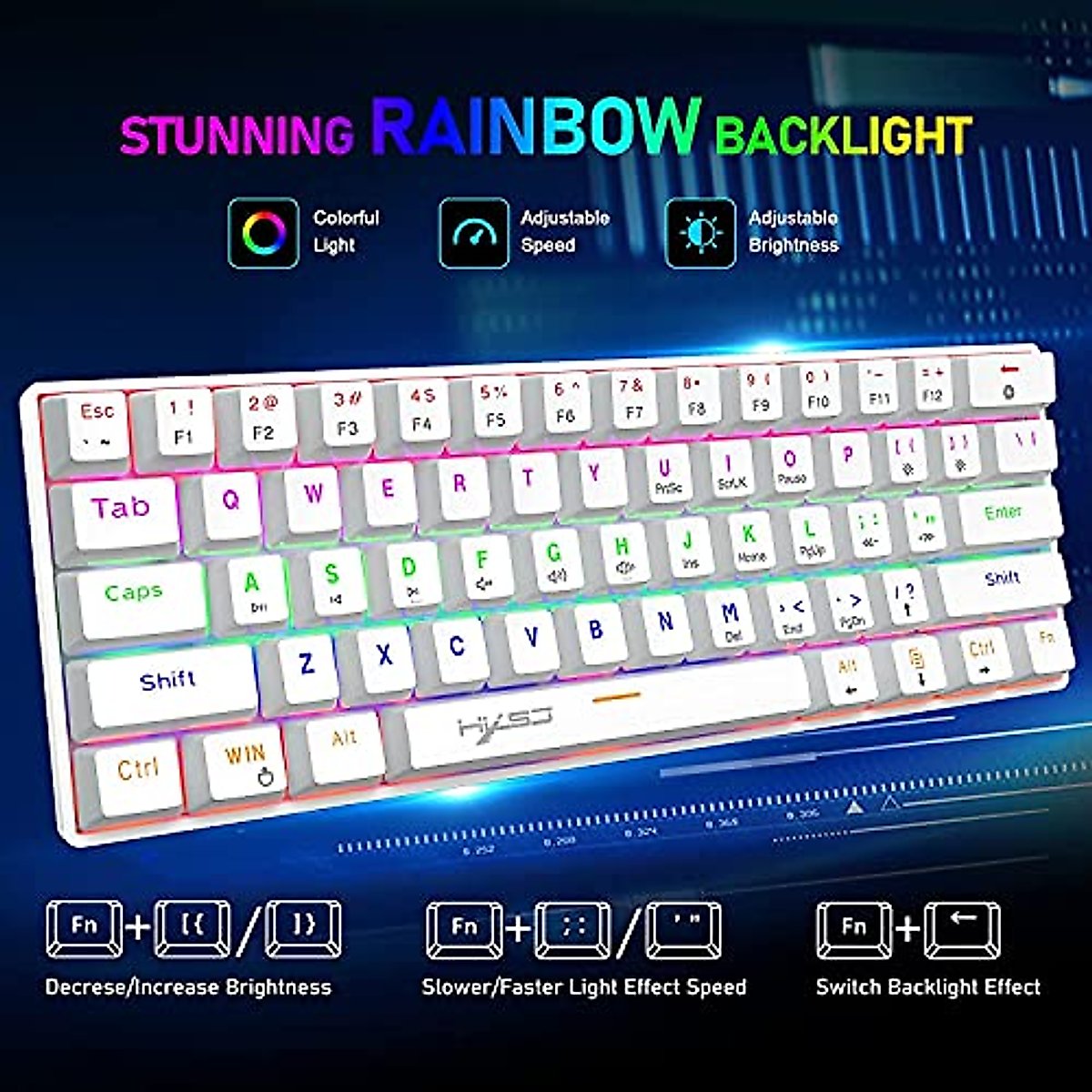60% True Mechanical Gaming Keyboard Mouse Set, Type C Wired 61 Keys Layout Rainbow LED Backlit USB Waterproof Keyboard Anti-ghosting Keys+Lightweight RGB Mice 6400DPI for Computer/PC/Laptop/MAC(White)