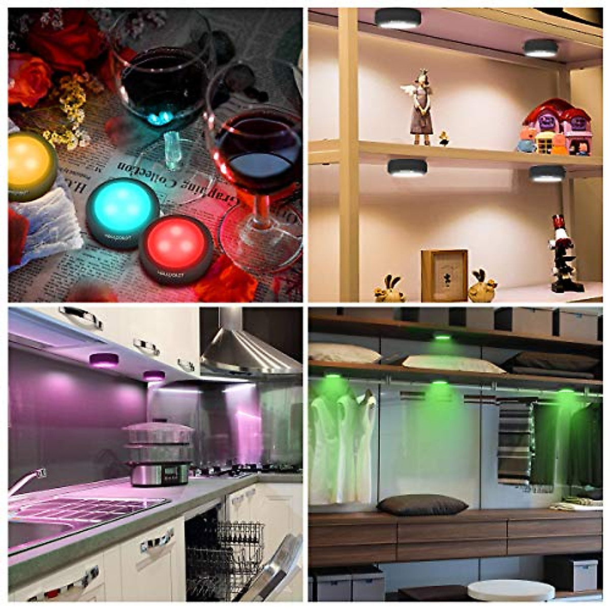 HOLKPOILOT Puck Lights with Remote, Color Changing LED Puck Lights, Battery Operated dimmable Under Cabinet Lights, Under Counter Lights with Timer (4 Pack)