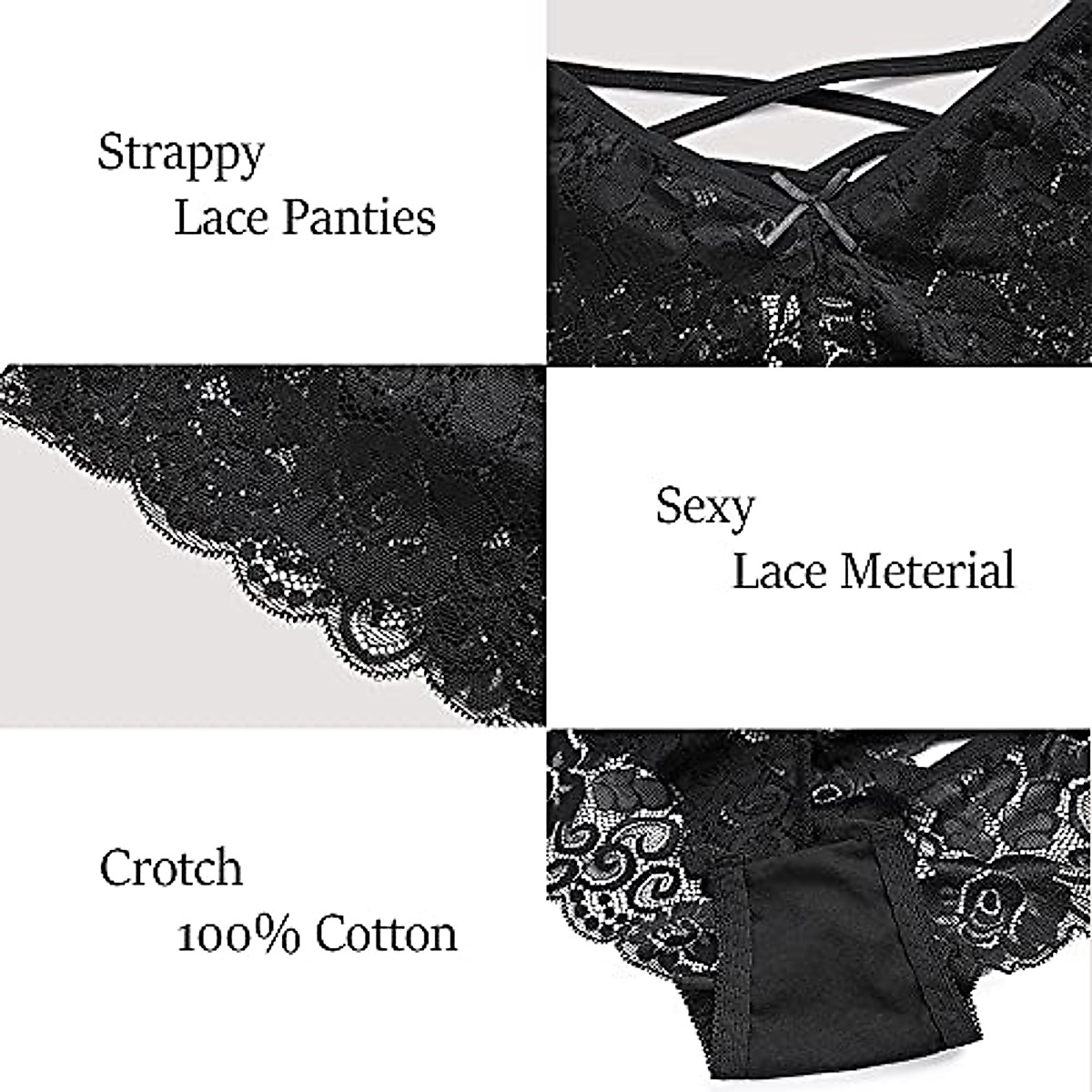 Muulyca Women’s Sexy Lace V-back Thongs Criss Cross Panties 4 Pack,RWNB,L