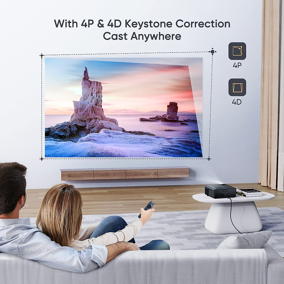 5G WiFi Bluetooth Projector, TOPTRO TR22 Outdoor Projector 4K Supported, 480 ANSI Lumen, Smart Touch Keys, 4D/4P Keystone Correction, Full Sealed Optical Movie Projector Compatible with iOS/Android