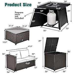 Toolsempire 5 Pieces Wicker Patio Furniture Set, Rattan Sectional Furniture Patio Set with 30" Fire Table, Storage Box & Tempered Glass Tabletop, Fire Pit Table Set for Garden, Backyard(Turquoise)