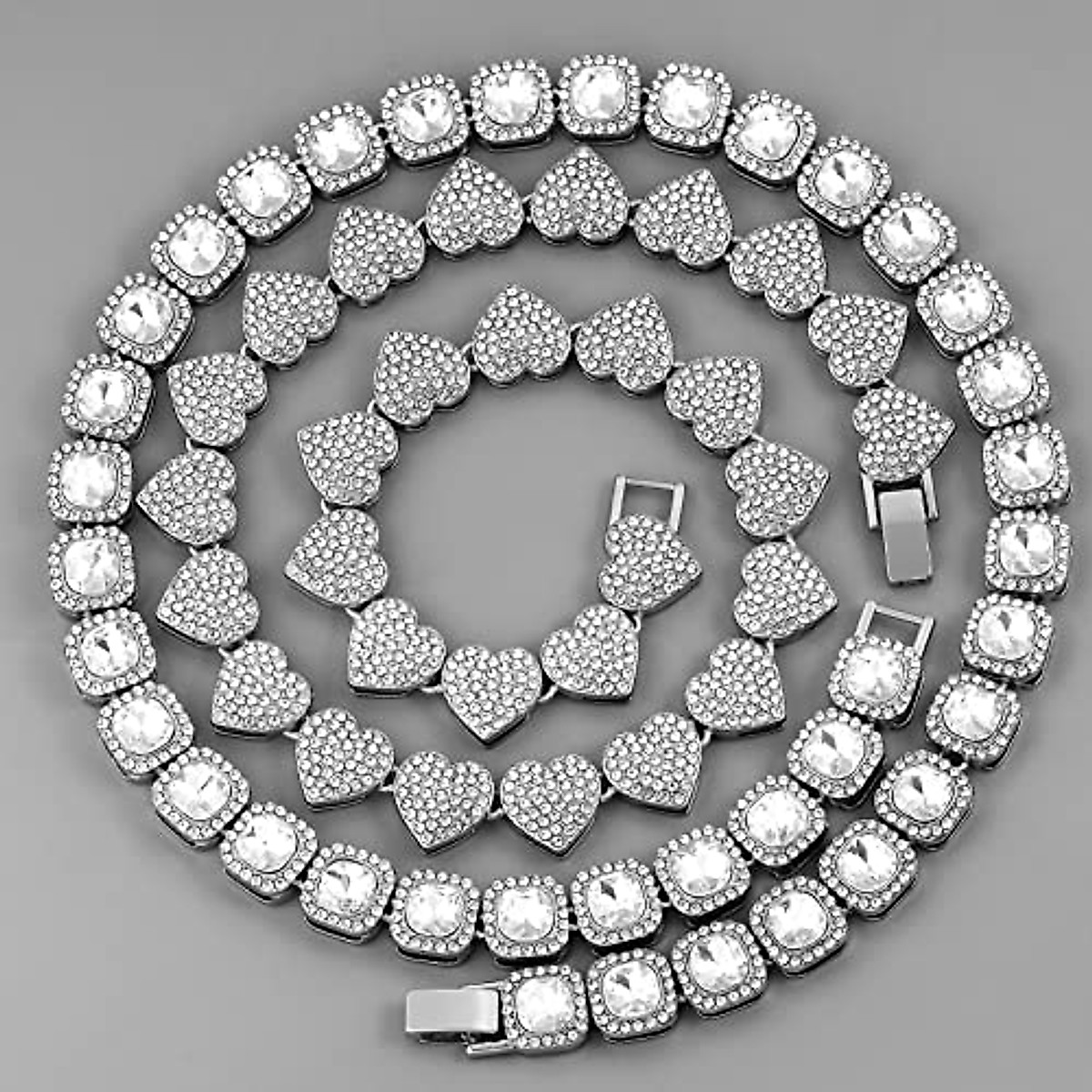 shopbyskyler 2PCS Clustered Diamond Tennis Chain Miami Cuban Link Chain for Women 15MM Clustered Heart Iced Out Miami Cuban Necklace Hip Hop Jewelry Gifts (16inch/18inch, Silver)