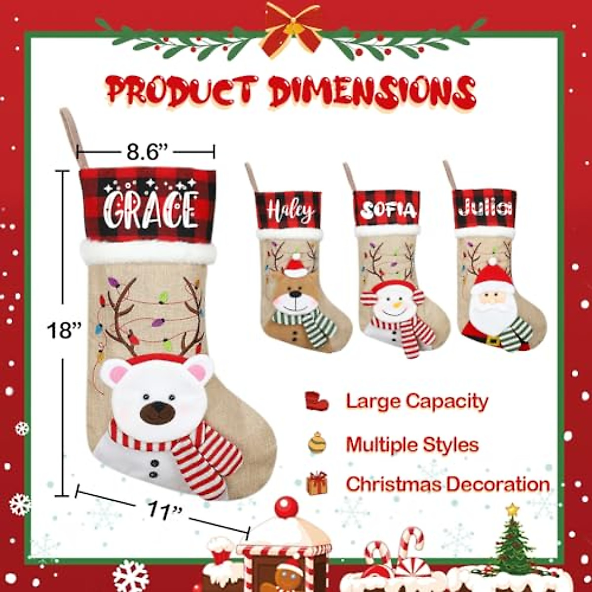 Dreamdecor Christmas Stockings Personalized with Name, 18" Christmas Stocking Deer Gnome Santa Snowman Burlap Plaid Xmas Stocking Holiday Christmas Decoration Gifts for Family Kids