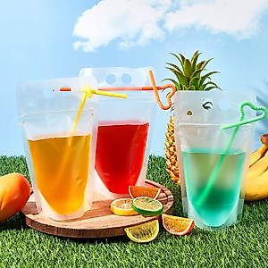 500 Count Summer Plastic Drink Pouches with Straws Heavy Duty Handheld Translucent Reclosable Drink Bags Portable Liquor Pouches Zipper Plastic Pouches for Cold and Hot Drinks for Adults and Kids