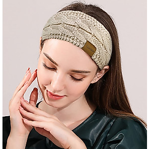 Loritta 2 Pack Headbands for Women Winter Warm Cable Knit Ear Warmer Thick Head Wrap Fuzzy Fleece Lined Gifts, F Beige+Black