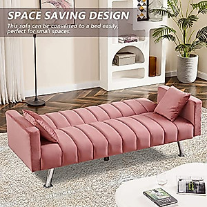 Lamerge Sofa Bed, Modern Convertible Sleeper Sofa Bed with 2 Pillows, Wooden Frame and Metal Legs, Small Folding Sofa Couch for Living Room, Bedroom, Compact Spaces - Pink