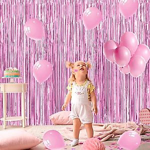 MEEZY 3Pack 3.2ft x 8.2ft Pink Foil Fringe Curtains Backdrop Metallic Foil Tinsel Streamers with Pink Balloons for Bachelorette Baby Shower Wedding Birthday Bridal Shower Party Decorations
